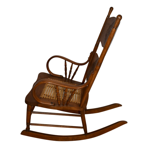 Oak Press-Back Rocking Chair with Cane Seat - Ski Country Antiques & Home